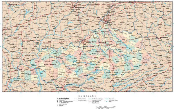 Kentucky Adobe Illustrator Map with Counties, Cities, County Seats ...