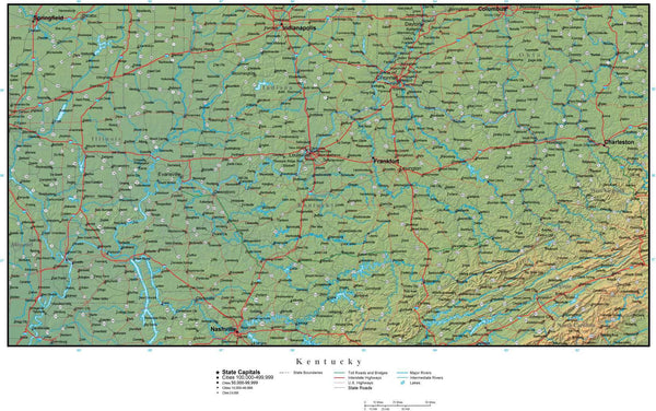 Kentucky State Map Plus Terrain with Cities & Roads