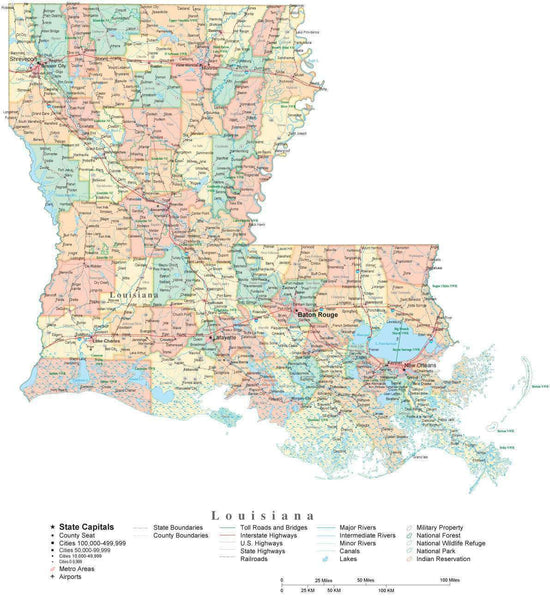 State Map of Louisiana in Adobe Illustrator vector format. Detailed ...