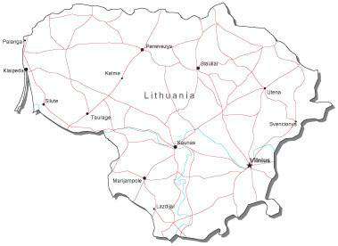 Lithuania Black & White Road map in Adobe Illustrator Vector Format