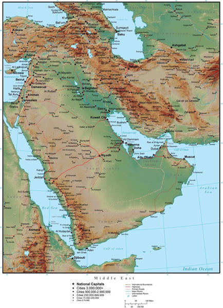 Middle East Terrain Map - Illustrator Vector Map with Photoshop Terrain