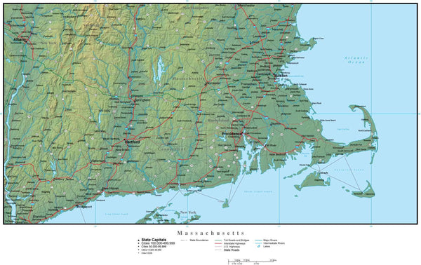 Massachusetts State Map Plus Terrain with Cities & Roads