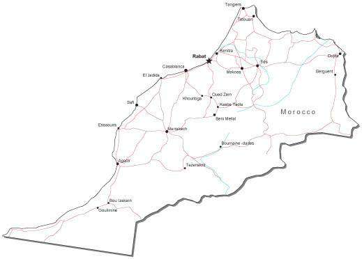 Morocco Black & White Road map in Adobe Illustrator Vector Format