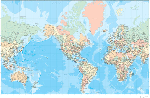 Large Size Detailed Adobe Illustrator World Map with Ocean Contours