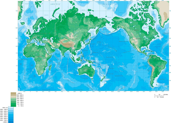 Digital World Map with Contours - Mercator Projection