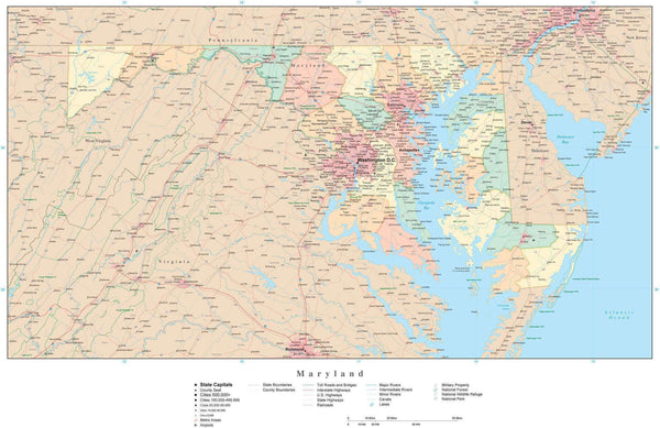 Maryland State Map in Adobe Illustrator Vector Format. Detailed ...