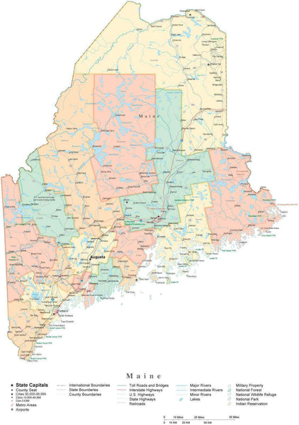 State Map of Maine in Adobe Illustrator vector format. Detailed ...