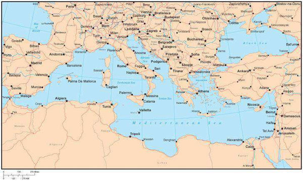 Single Color Mediterranean Map with Countries, Major Cities
