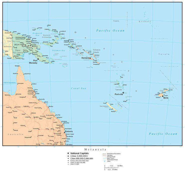 Melanesia Map with Countries, Cities, and Roads