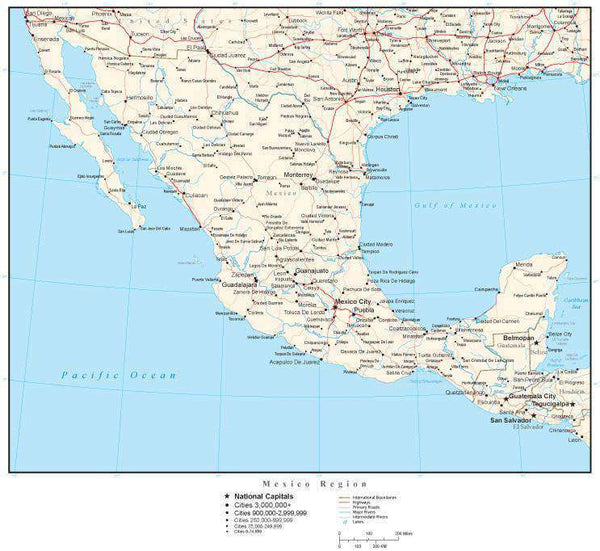 Mexico Region Map with Countries, Cities, and Roads
