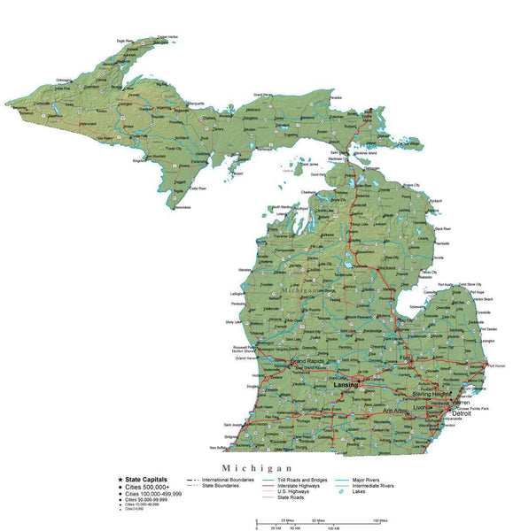 Michigan Illustrator Vector Map with Cities, Roads and Photoshop ...