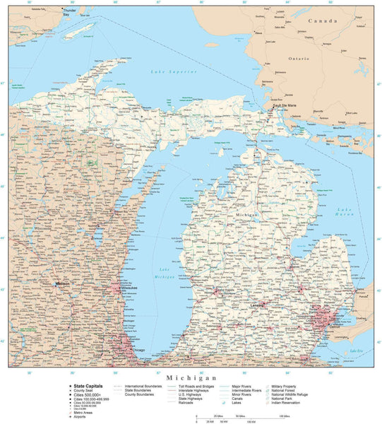 Michigan Detailed Map in Adobe Illustrator vector format. Detailed ...