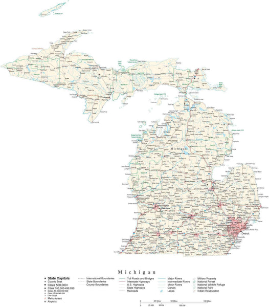 Michigan Detailed Cut-Out Style State Map in Adobe Illustrator Vector ...