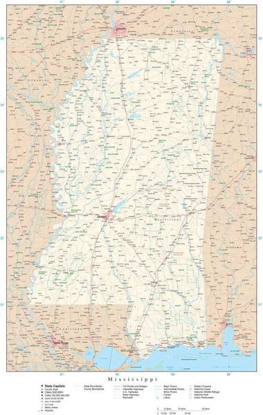 Mississippi Detailed Map in Adobe Illustrator vector format. Detailed ...