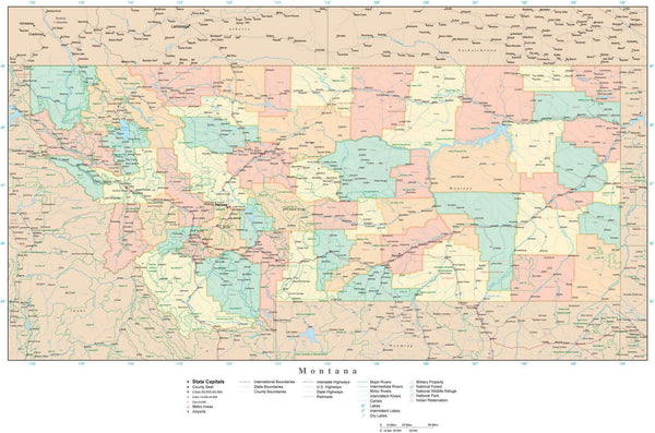 Montana State Map in Adobe Illustrator Vector Format. Detailed ...