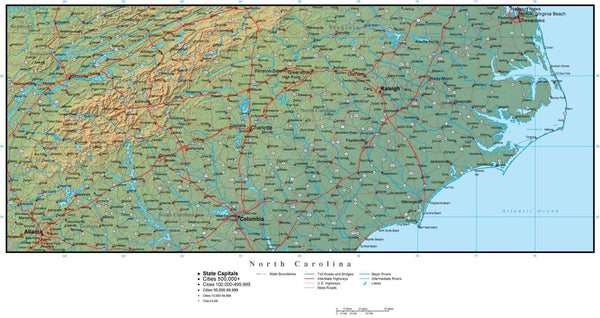 North Carolina State Map Plus Terrain with Cities & Roads