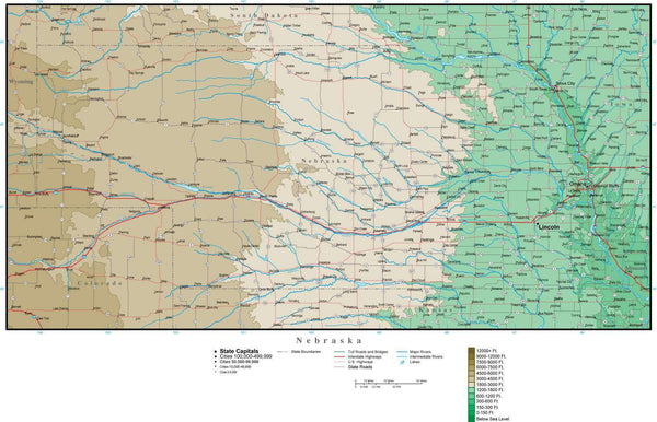 Digital Nebraska Contour map in Adobe Illustrator vector format NE-USA ...