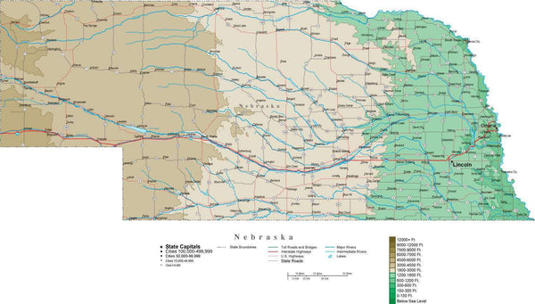 Nebraska Contour Map in Adobe Illustrator Digital Vector Format