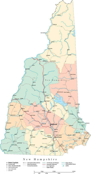 New Hampshire Digital Vector Map with Counties, Major Cities, Roads ...