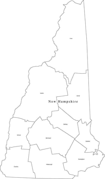 Black & White New Hampshire Digital Map with Counties