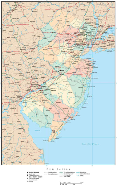 New Jersey Adobe Illustrator Map with Counties, Cities, County Seats ...