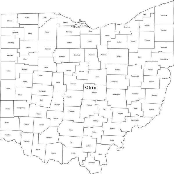Black & White Ohio Digital Map with Counties