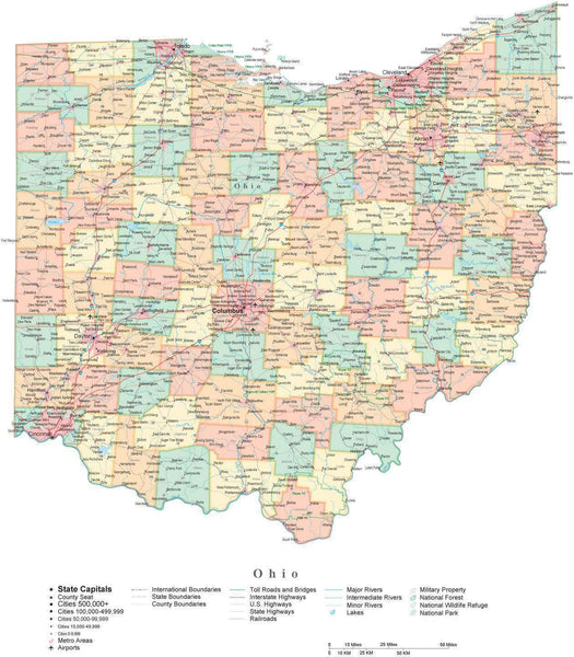 State Map of Ohio in Adobe Illustrator vector format. Detailed ...