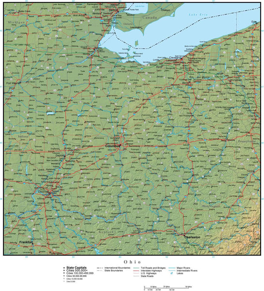 Ohio State Map Plus Terrain with Cities & Roads