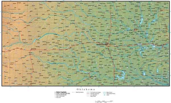 Oklahoma State Map Plus Terrain with Cities & Roads