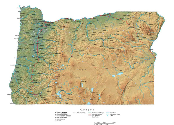 Oregon Illustrator Vector Map with Cities, Roads and Photoshop Terrain Image