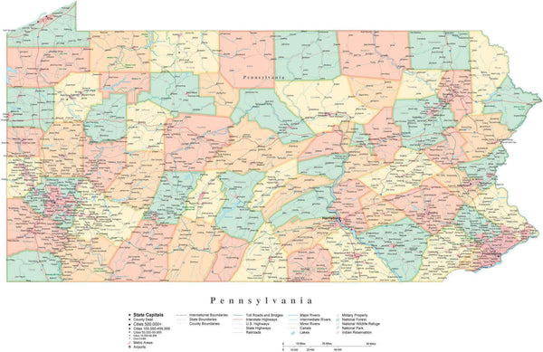 State Map of Pennsylvania in Adobe Illustrator vector format. Detailed ...