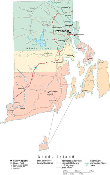 Rhode Island Digital Vector Map with Counties, Major Cities, Roads ...