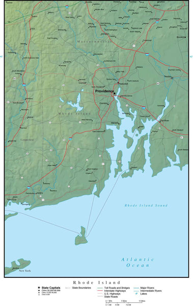 Rhode Island State Map Plus Terrain with Cities & Roads