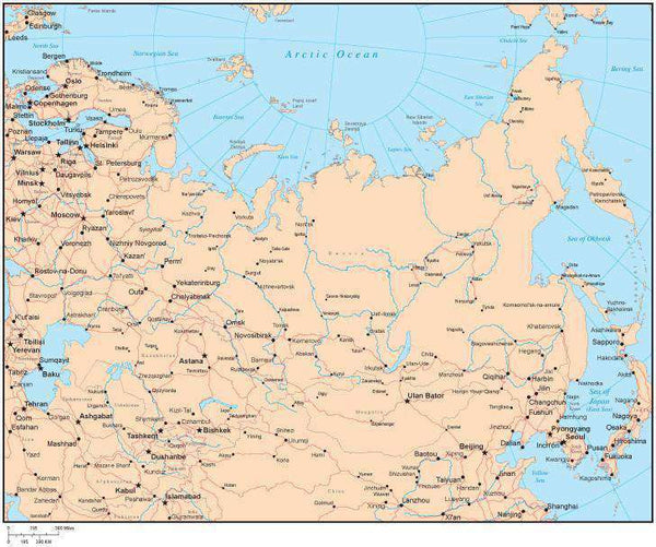 Single Color Russia Map with Countries, Major Cities