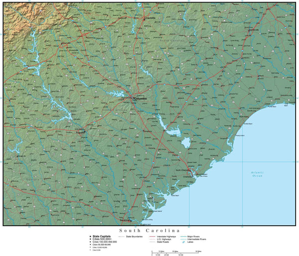 South Carolina State Map Plus Terrain with Cities & Roads