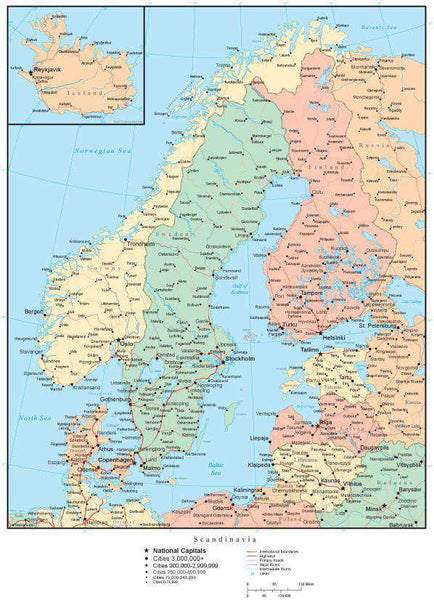 Scandinavia Map with Countries, Cities, and Roads