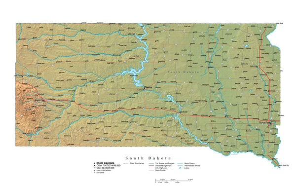 South Dakota Illustrator Vector Map with Cities, Roads and Photoshop ...