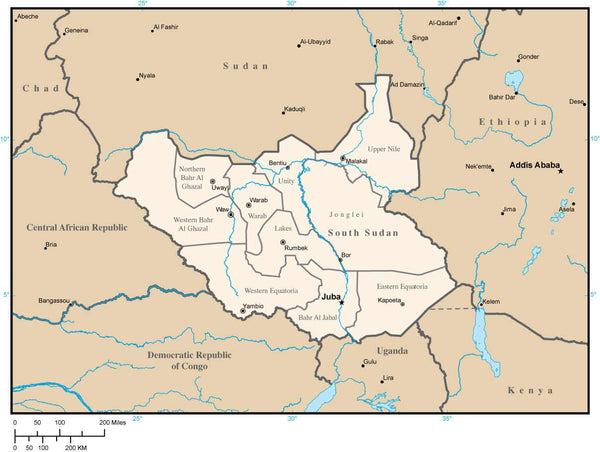 South Sudan Map with Admin Areas and Capitals in Adobe Illustrator Format