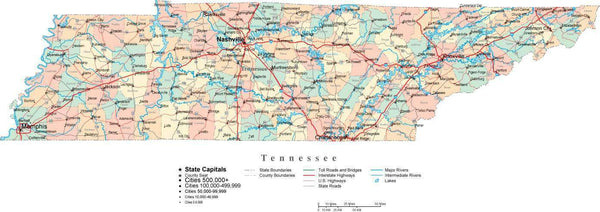 Tennessee Digital Vector Map with Counties, Major Cities, Roads, Rivers ...