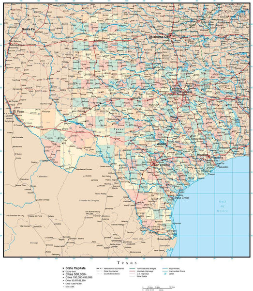 Texas Adobe Illustrator Map with Counties, Cities, County Seats, Major ...