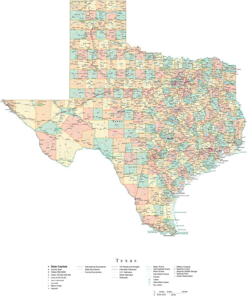 State Map of Texas in Adobe Illustrator vector format. Detailed ...