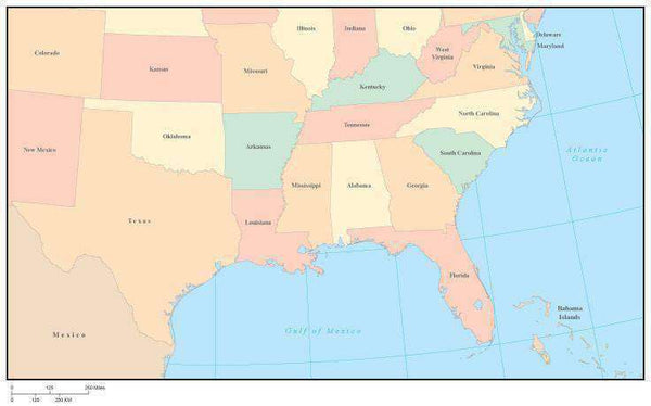 USA South Region Map with State Boundaries