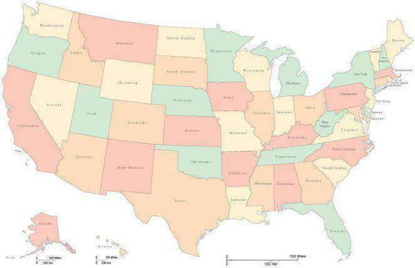 USA Multi Color Map with States and State Names