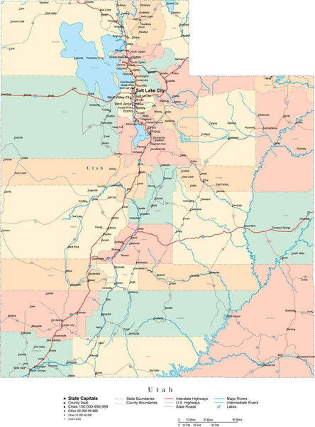 Utah Digital Vector Map with Counties, Major Cities, Roads, Rivers & Lakes