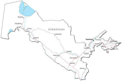 Uzbekistan Black & White Road map in Adobe Illustrator Vector Format