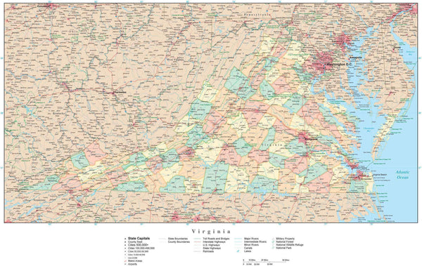 Virginia State Map in Adobe Illustrator Vector Format. Detailed ...