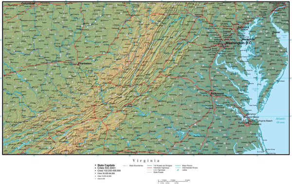 Virginia State Map Plus Terrain with Cities & Roads