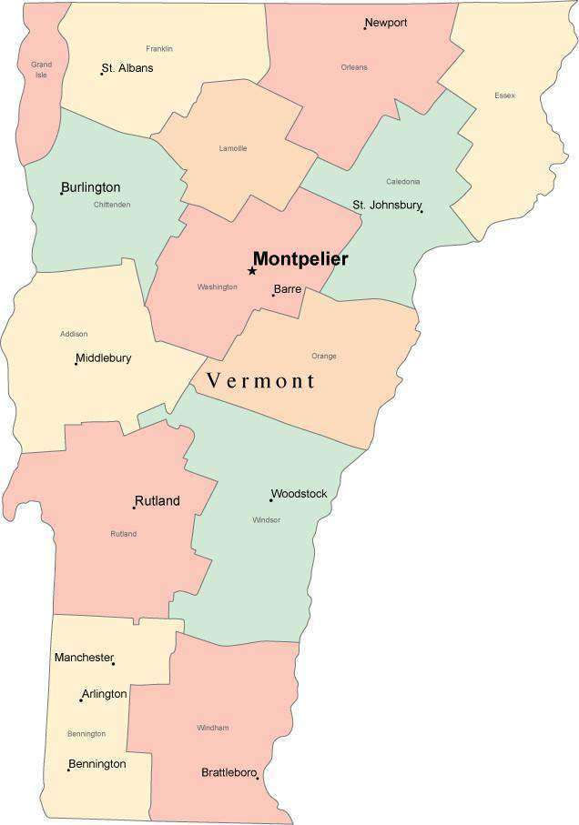 Multi Color Vermont Map with Counties, Capitals, and Major Cities Multi Color Vermont Map with Counties, Capitals, and Major Cities