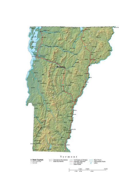 Vermont Illustrator Vector Map with Cities, Roads and Photoshop Terrain ...