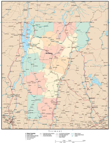 Vermont Adobe Illustrator Map with Counties, Cities, County Seats ...